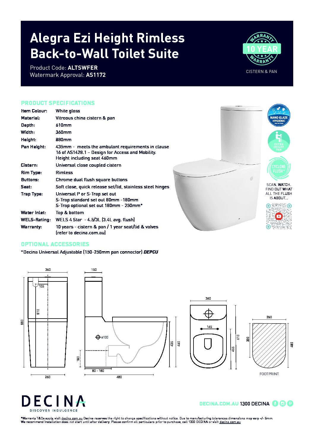 Decina Alegra Ezi Height Toilet Spec Sheet | Tap & Sink Contemporary ...